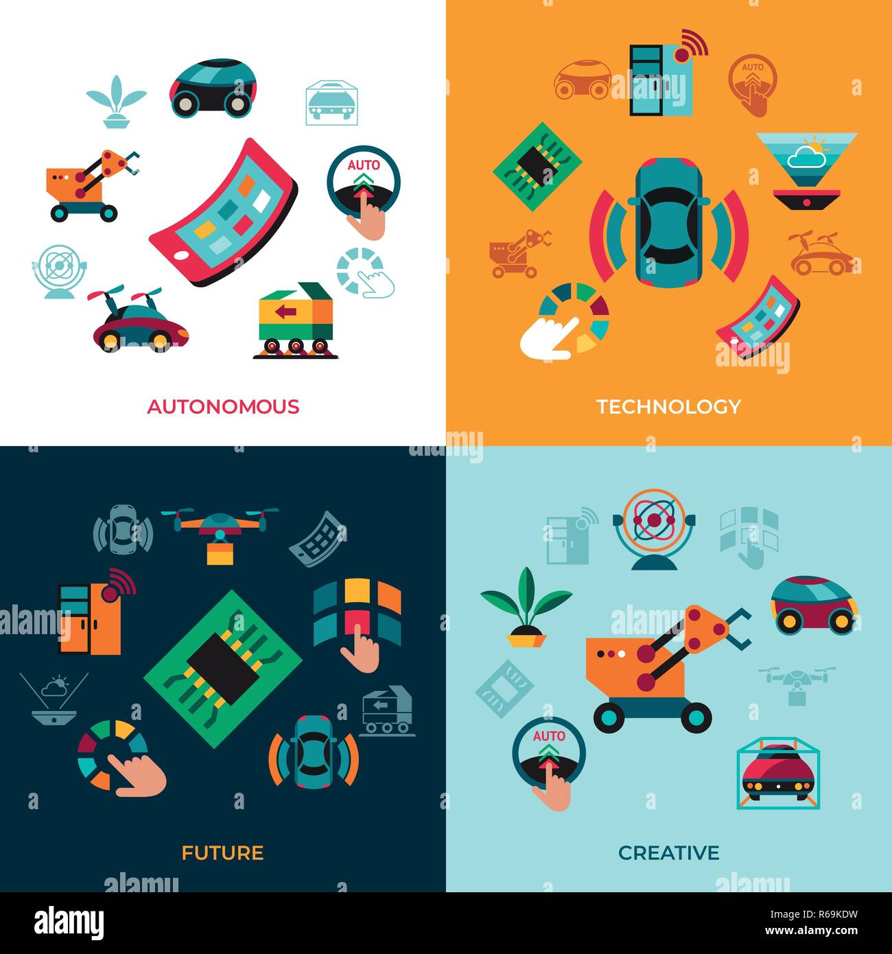 Digital vector autonomous transportation technology icons set ...