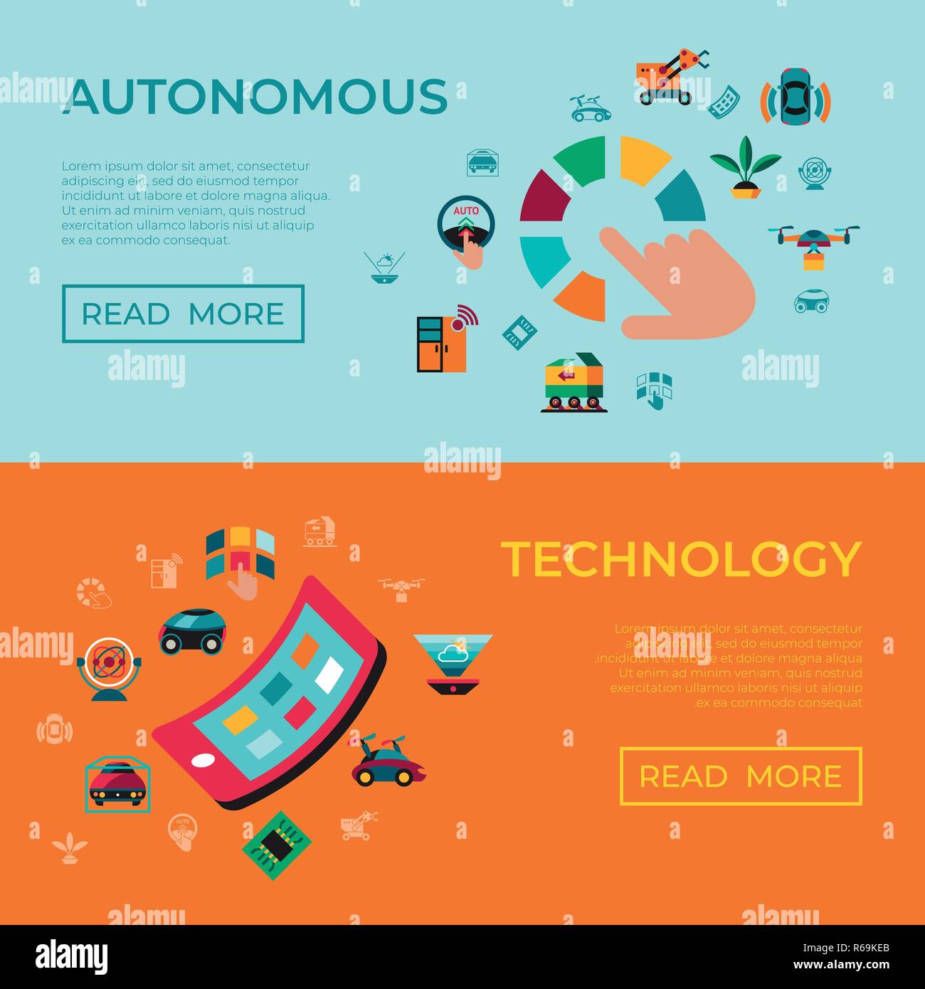Digital vector autonomous transportation technology icons set ...