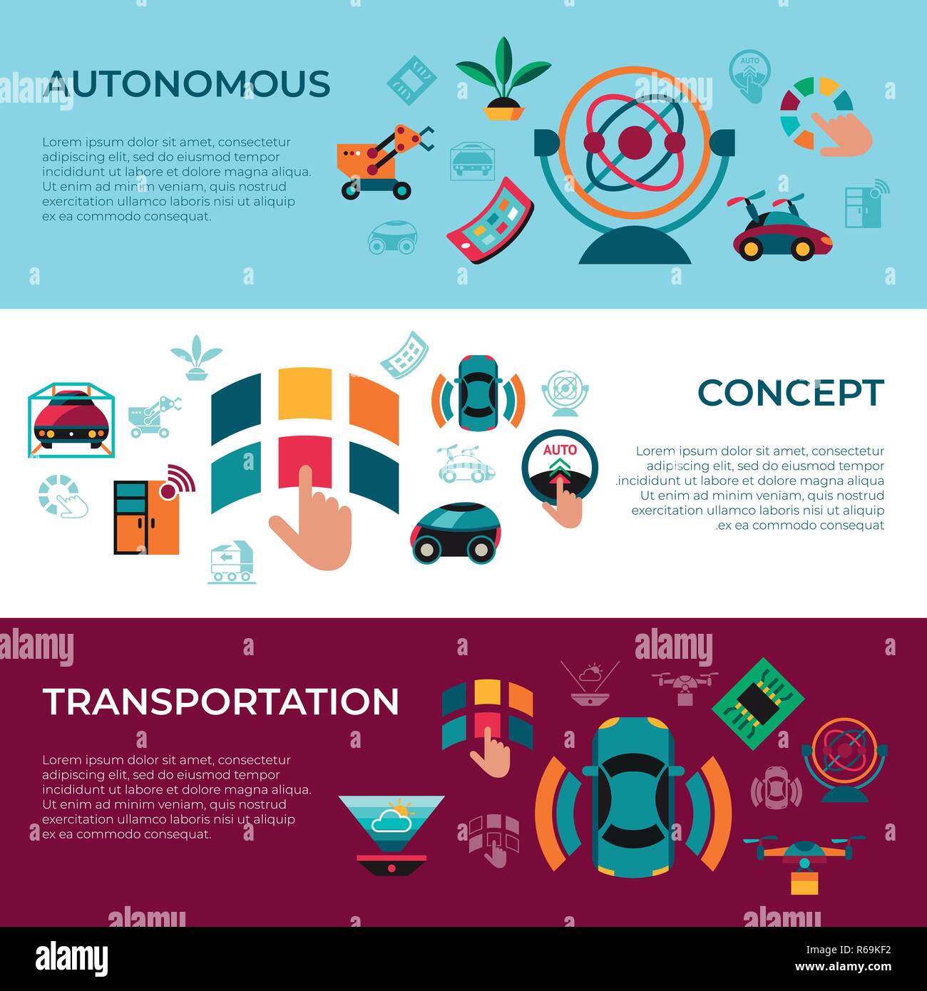 Digital vector autonomous transportation technology icons set ...
