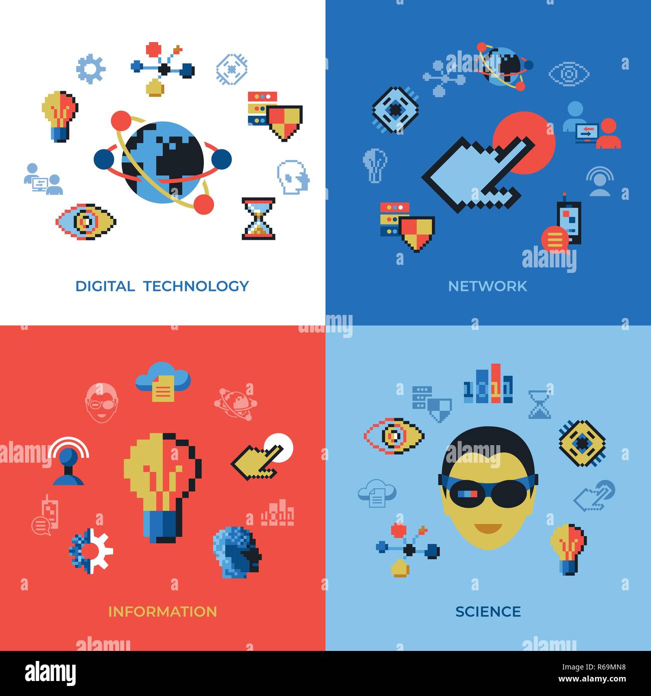 Digital vector pixel art digital technology and network icons set ...