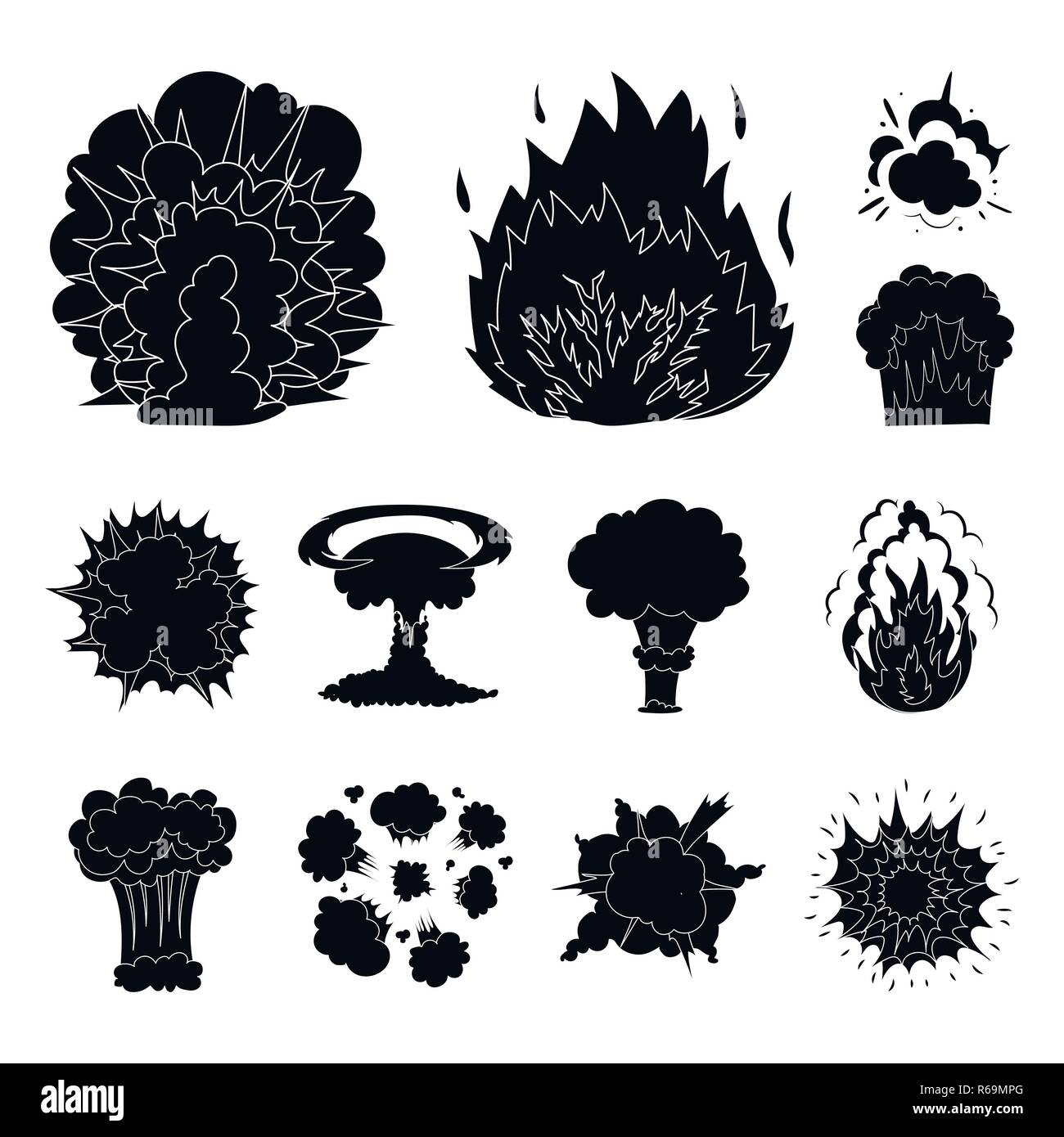 Different explosions black icons in set collection for design.Flash and ...