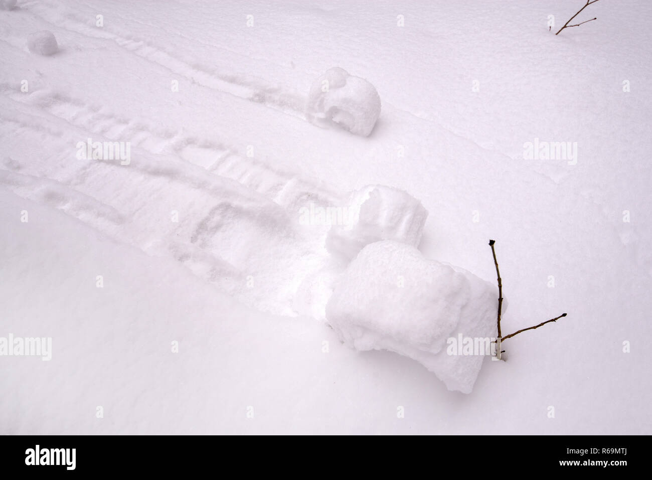 Big snowballs rolling and falling down from mountain peaks in forest ...