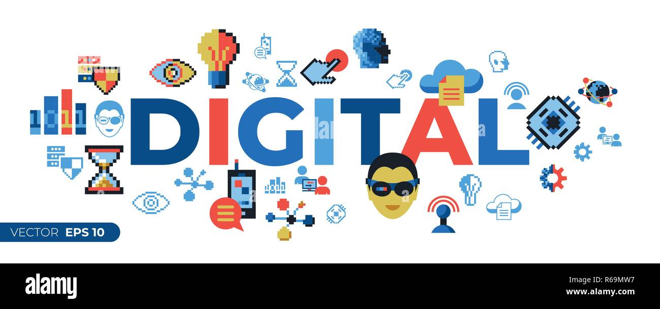 Digital vector pixel art digital technology and network icons set ...