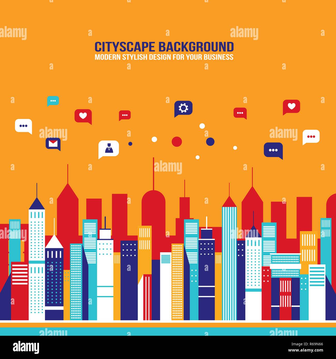 City social network Urban landscape filled with business icons ...