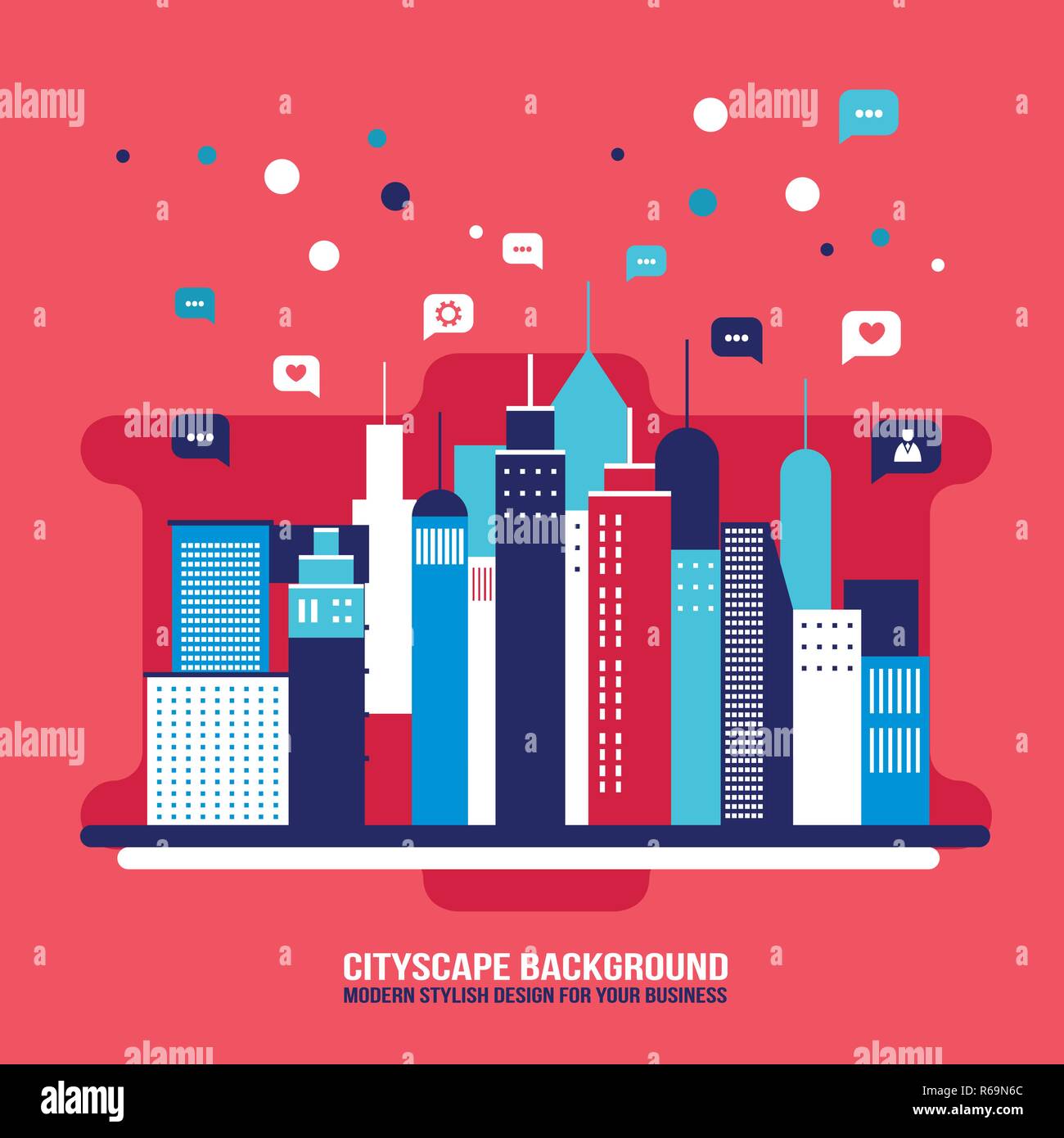 City social network Urban landscape filled with business icons ...