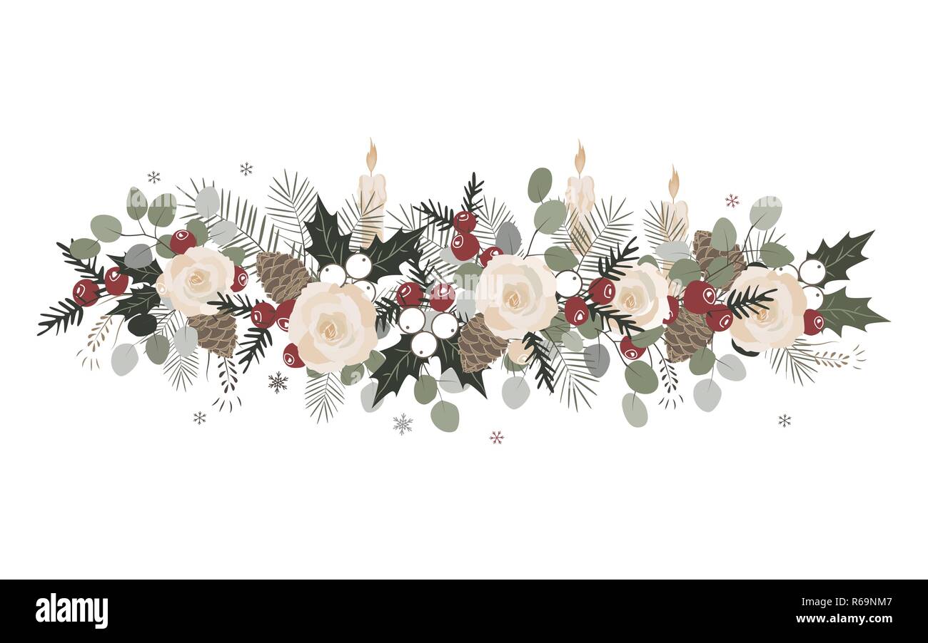 Vector Christmas border with fir branches, beriies, roses, ilex and ...