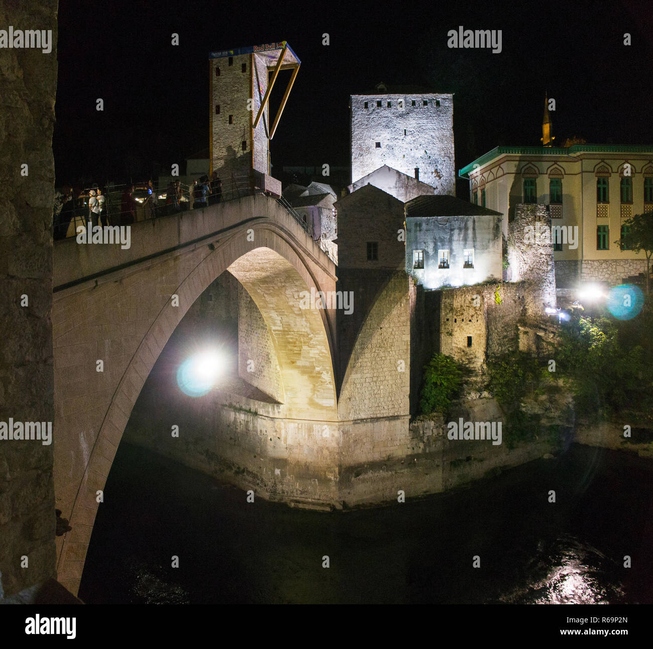 A night view of the historical Stari Most, an arch Old Bridge build in ...