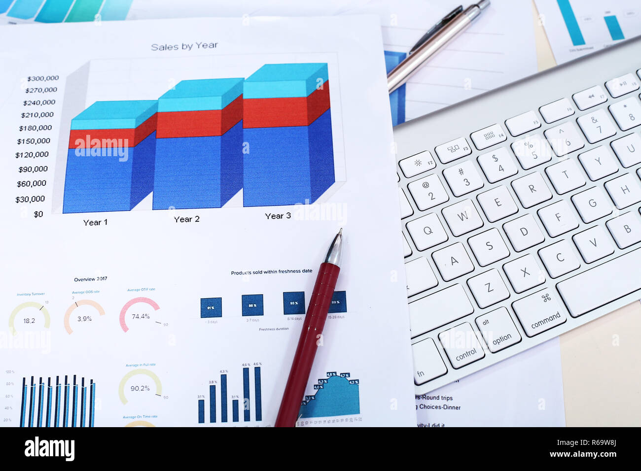 Portrait of bar graph paper, two pen and keyboard Stock Photo - Alamy