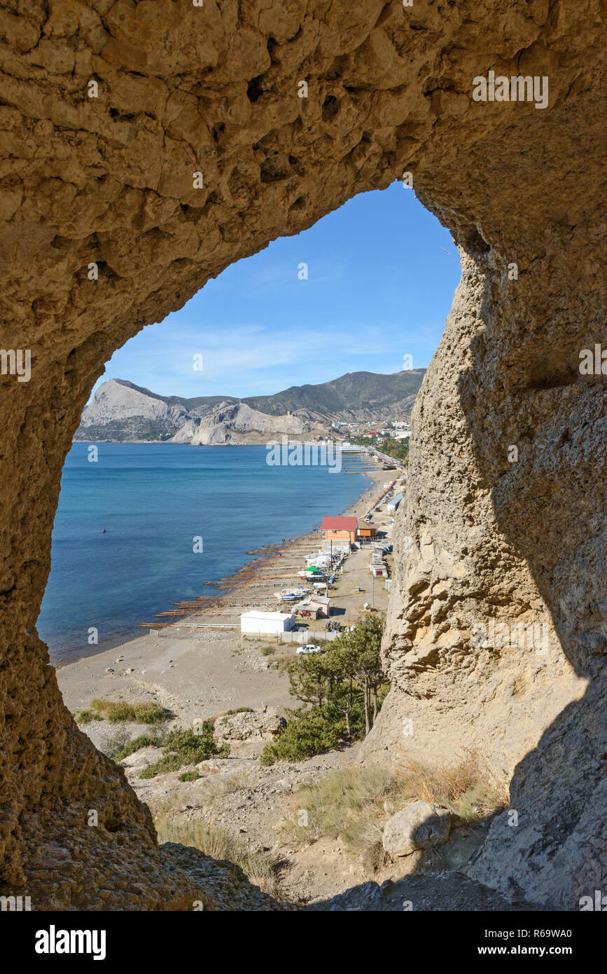 Scenic high angle view towards beach of Sudak resort town, Fortress and ...