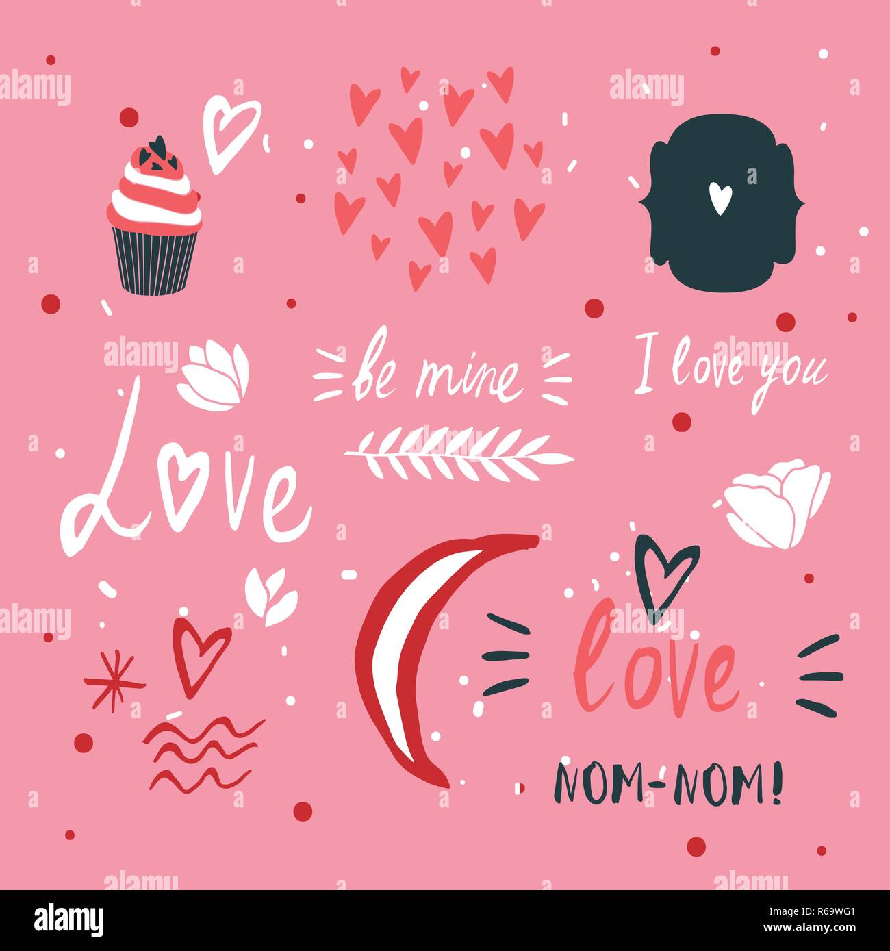 St Valentines Day lettering and cute design elements collection Vector ...