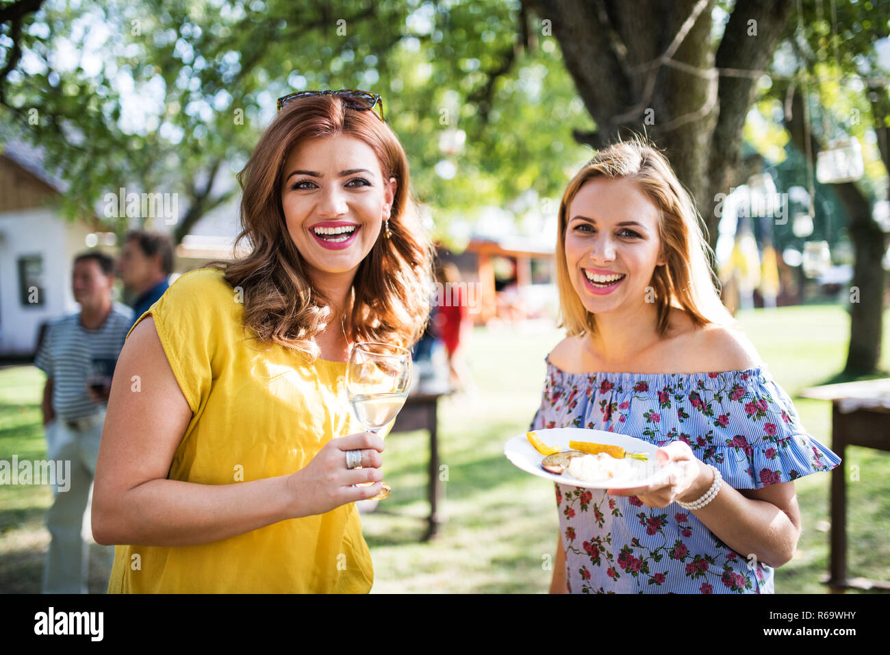 Portrait of two women on a family celebration or a barbecue party ...
