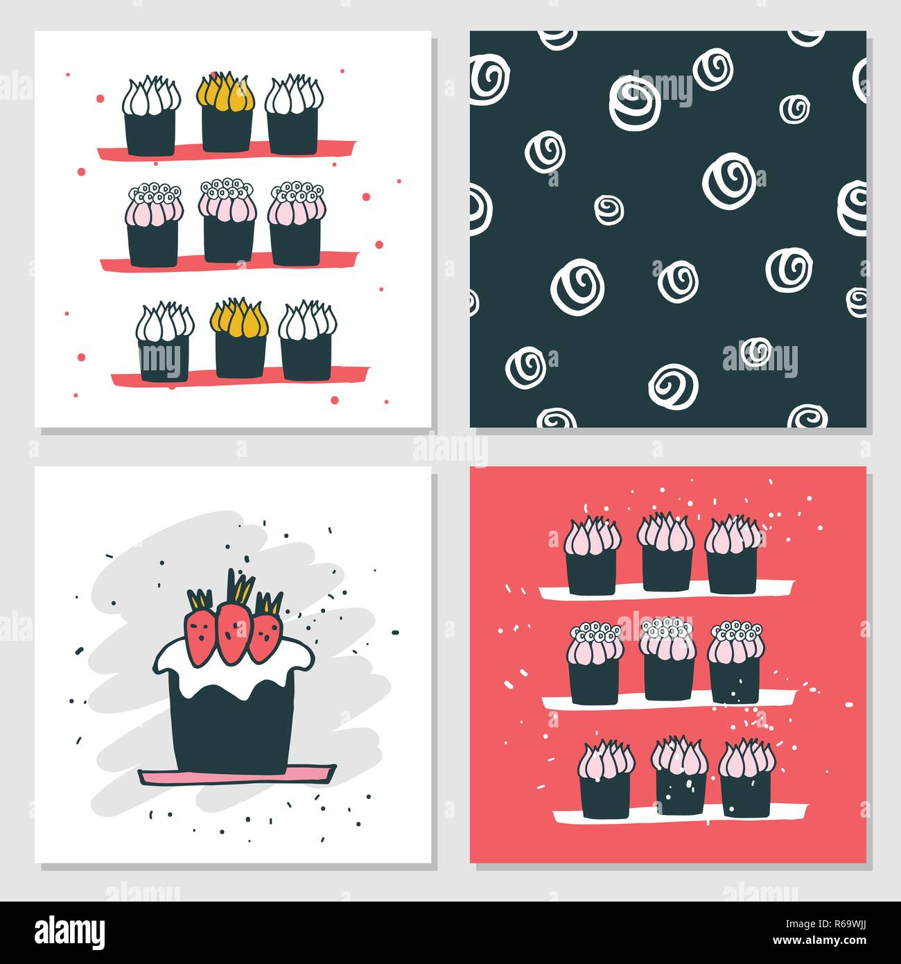 Cute cards Delicious food dessert Cupcake Birthday cake Seamless ...