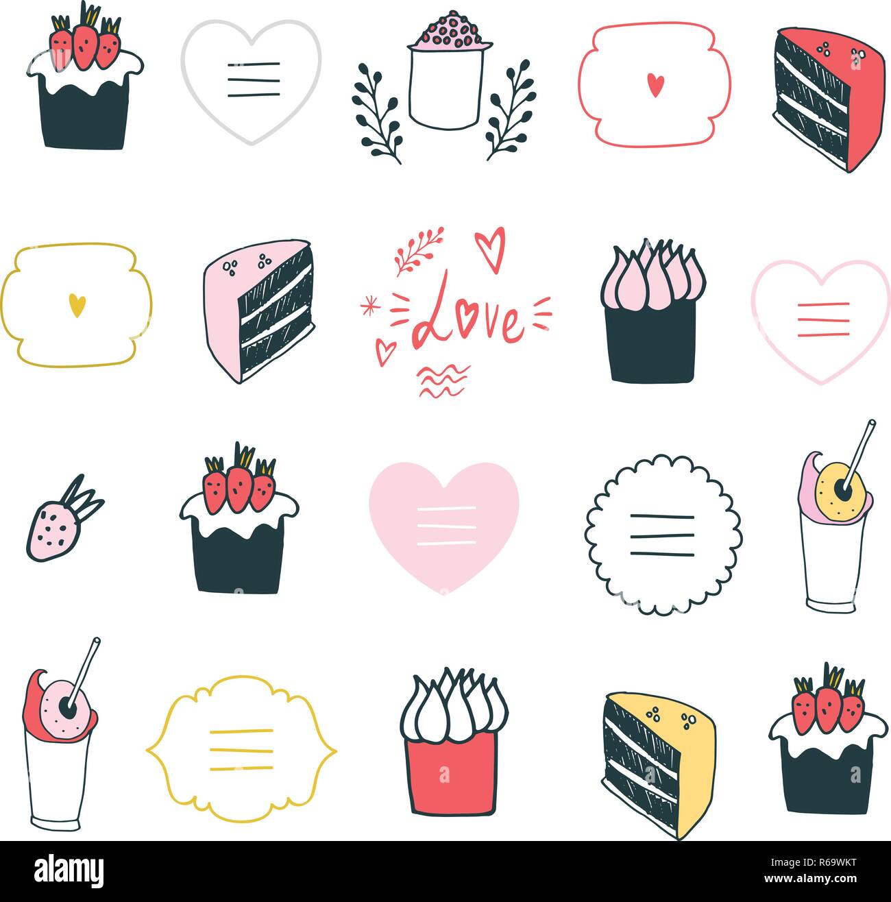 Hand drawn design element set delicious food Lovely labels lettering ...