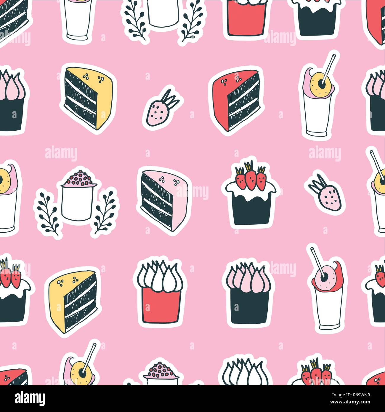 Cute food cake muffin cupcake strawberry delicious dessert seamless ...