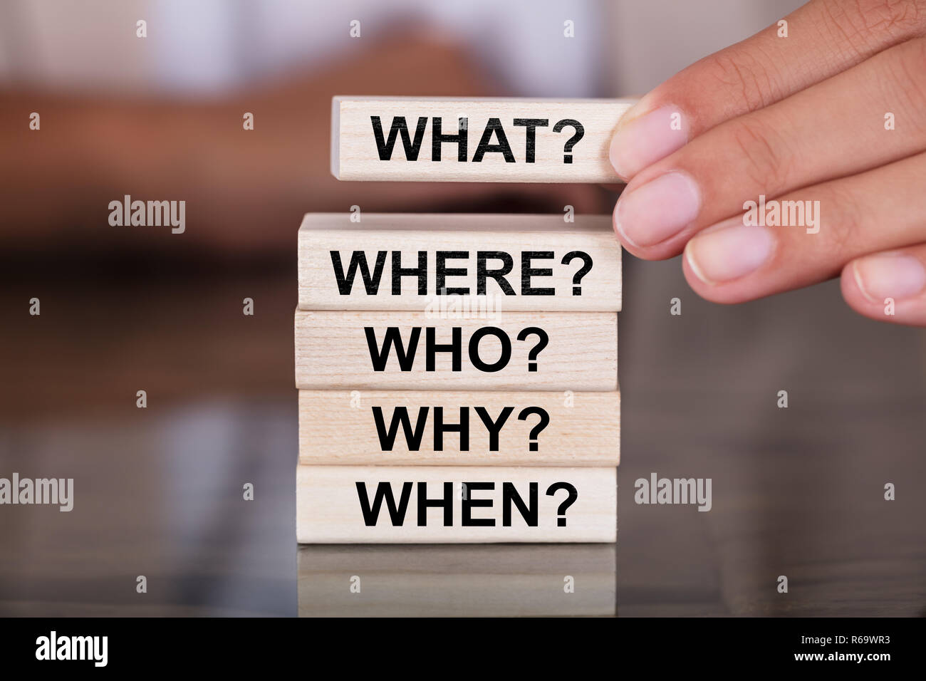 Hand Arranging A Set Of Questions On Wooden Block Stock Photo - Alamy