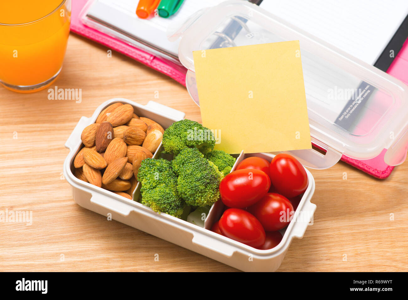 preparing lunch for child school top view on wooden background Stock ...