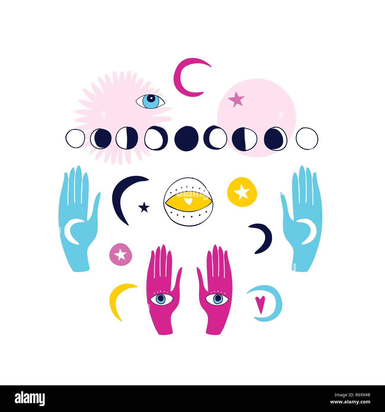 Magical doodle set Hands with esoteric mystic spiritual elements ...