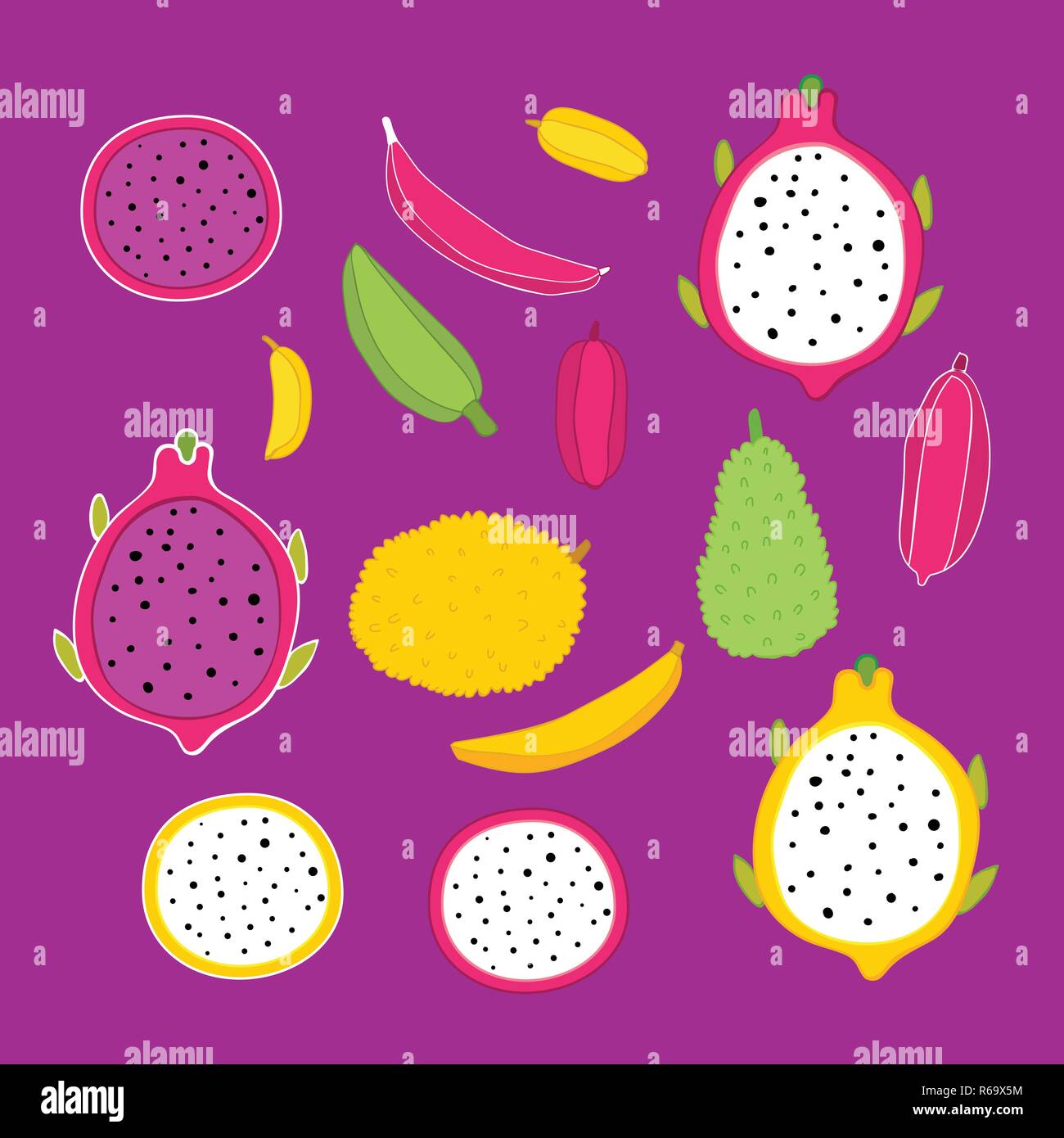 Exotic tropical fruits collection on fuchsia color background Jackfruit ...