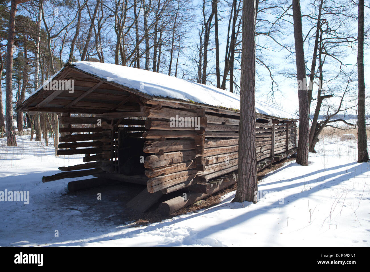 Old wooden barn in the open-air museum Seurasaari island, Helsinki ...