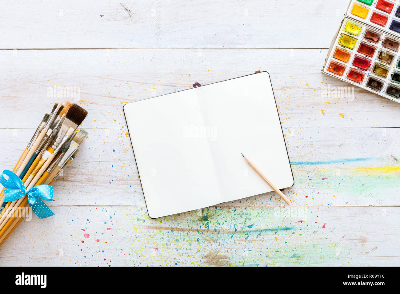 Creative artistic background design workspace, notebook flat lay mock ...