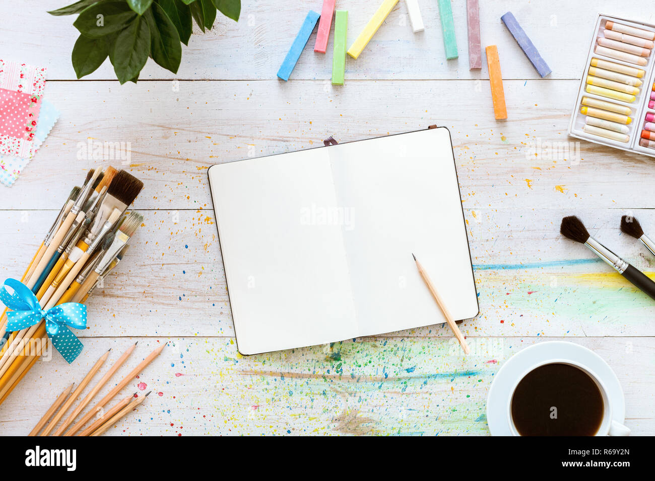Creative workplace concept, flat style artistic design table, blank ...