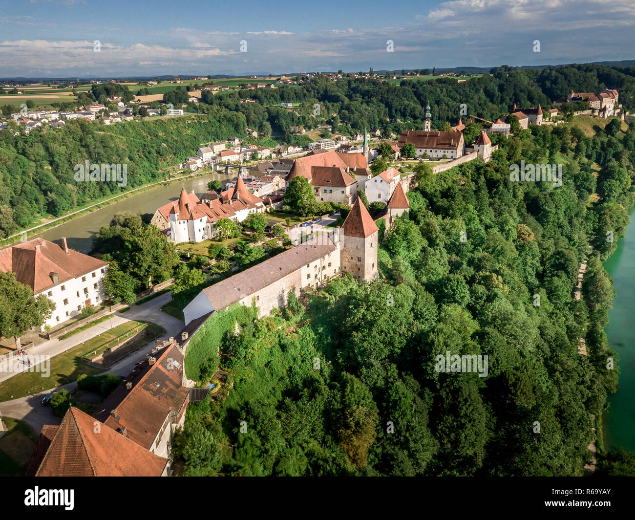 Aerial panorama of Burghausen the world's longest castle above the Inn ...