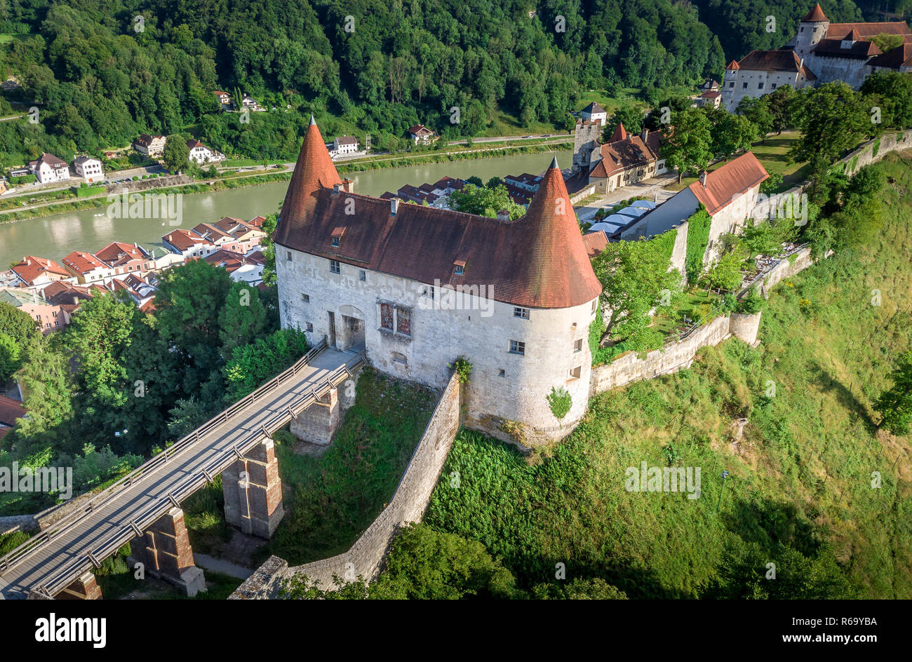 Aerial panorama of Burghausen the world's longest castle above the Inn ...