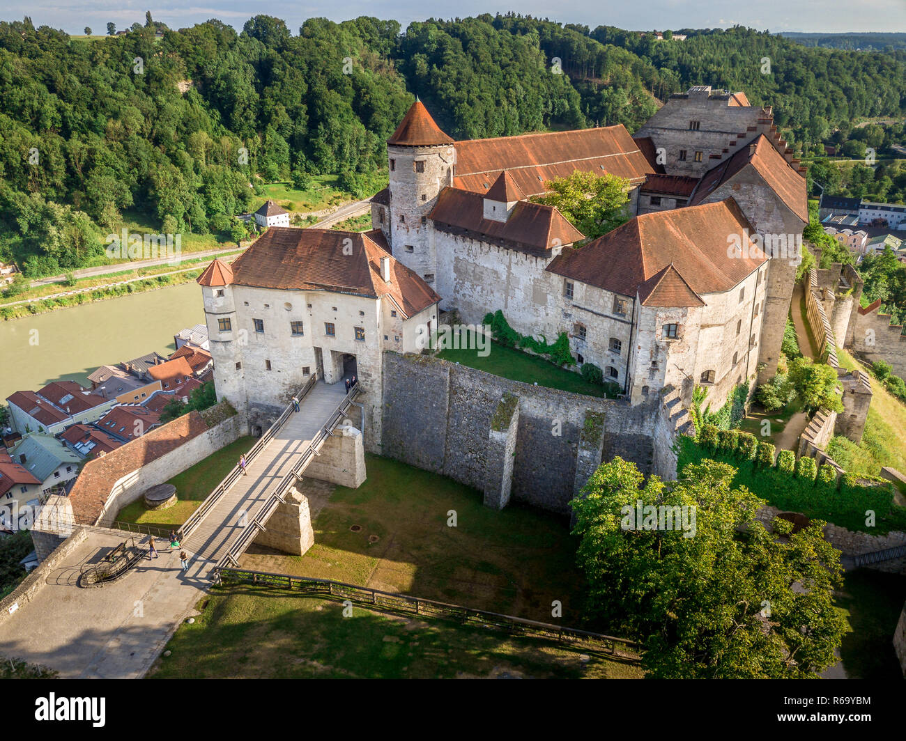 Aerial panorama of Burghausen the world's longest castle above the Inn ...