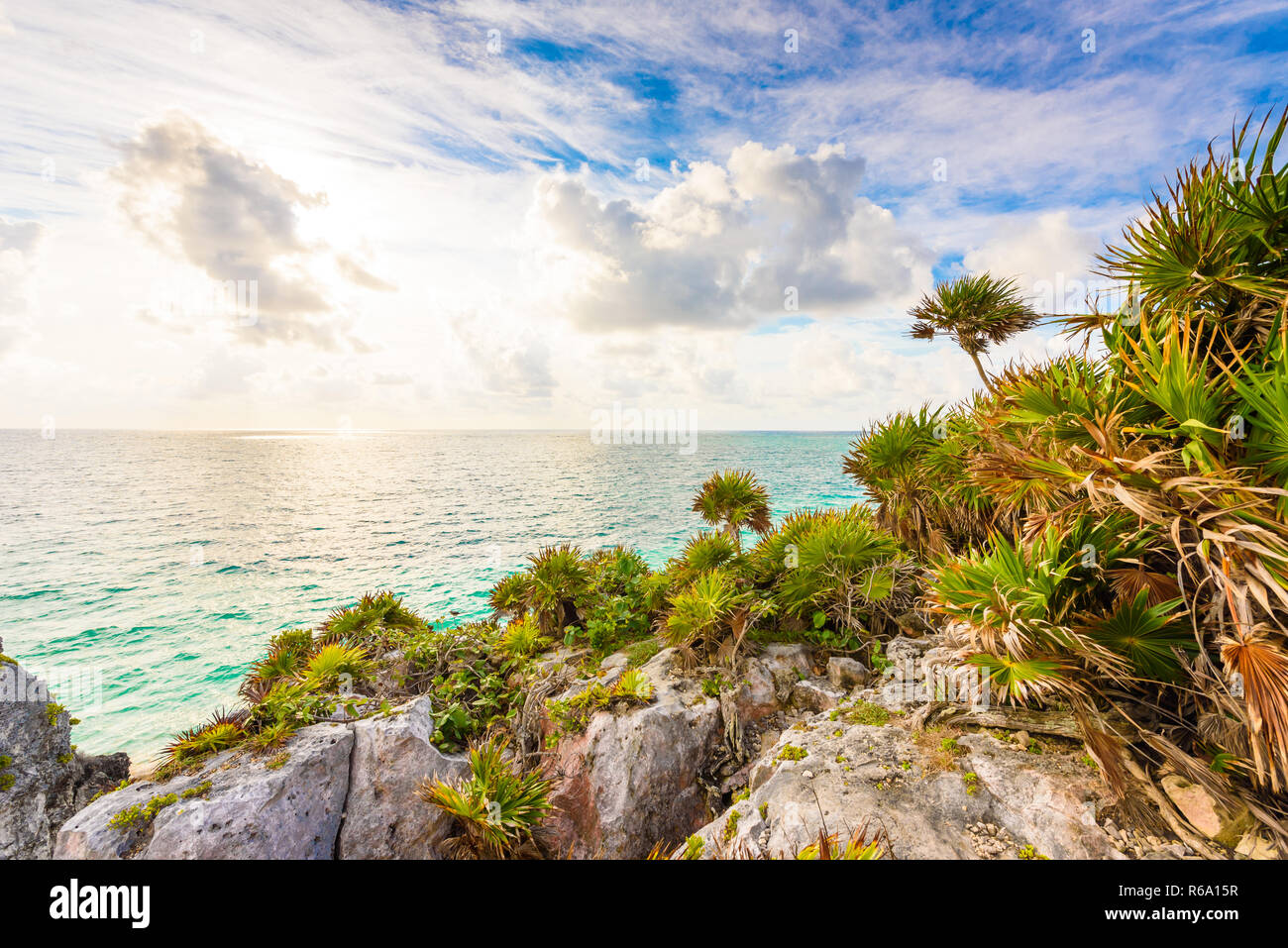 Paradise Scenery of Tulum at tropical coast and beach. Mayan ruins of ...