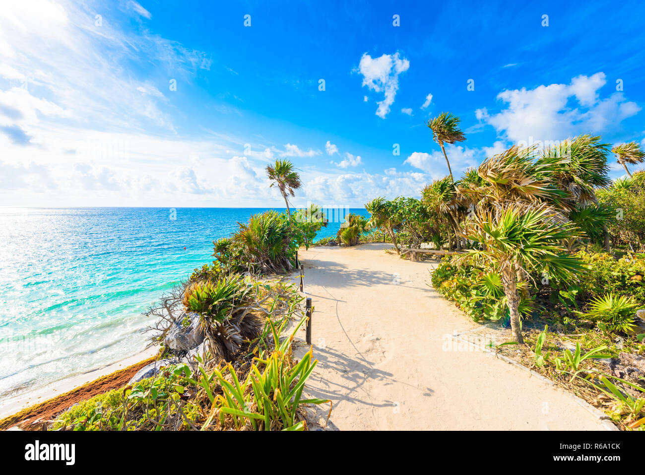 Paradise Scenery of Tulum at tropical coast and beach. Mayan ruins of ...