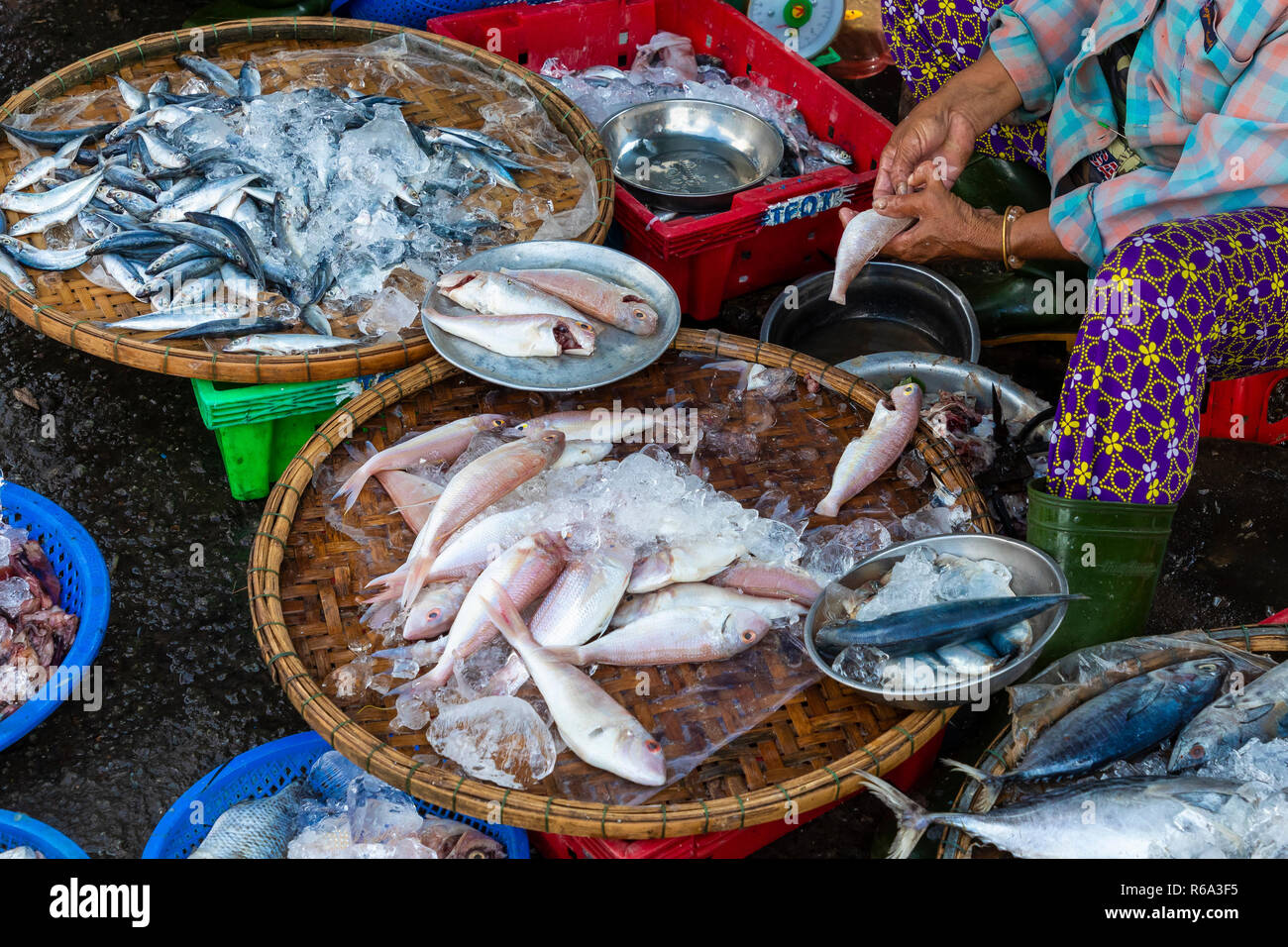 Street Vendor in Hue, Vietnam traditional fish market people selling ...