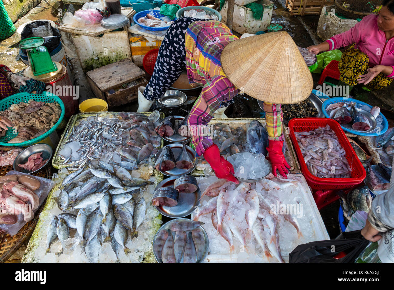 Street Vendor in Hue, Vietnam traditional fish market people selling ...