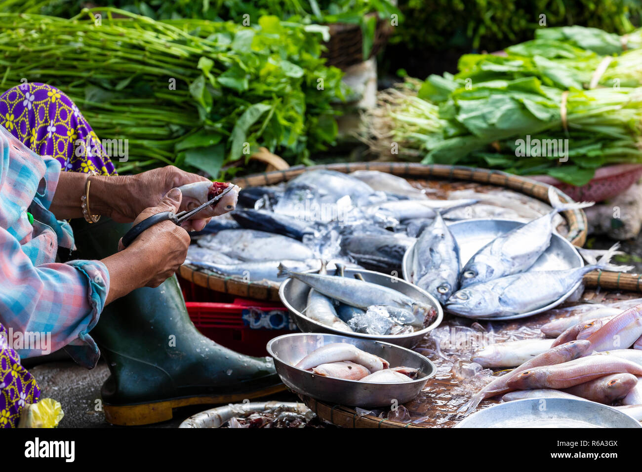 Street Vendor in Hue, Vietnam traditional fish market people selling ...