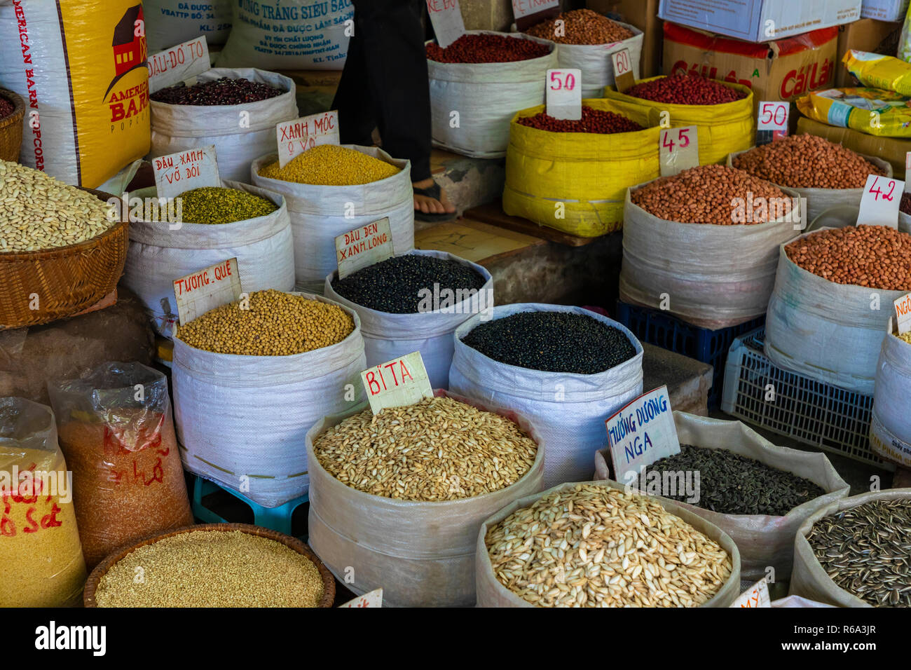 Various spices and seasoning at traditional street market in Hanoi ...