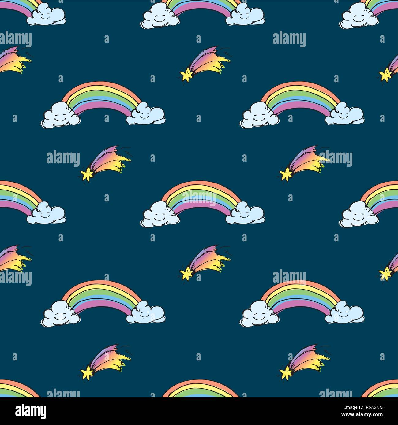 Seamless pattern with rainbow and comet,hand drawn vector illustration ...