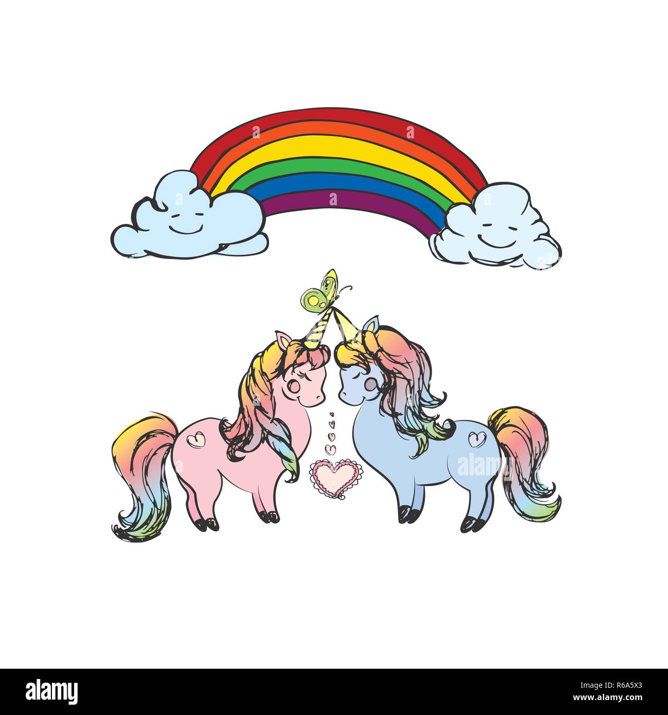 Couple of unicorns and rainbow,isolated on white background,hand drawn ...