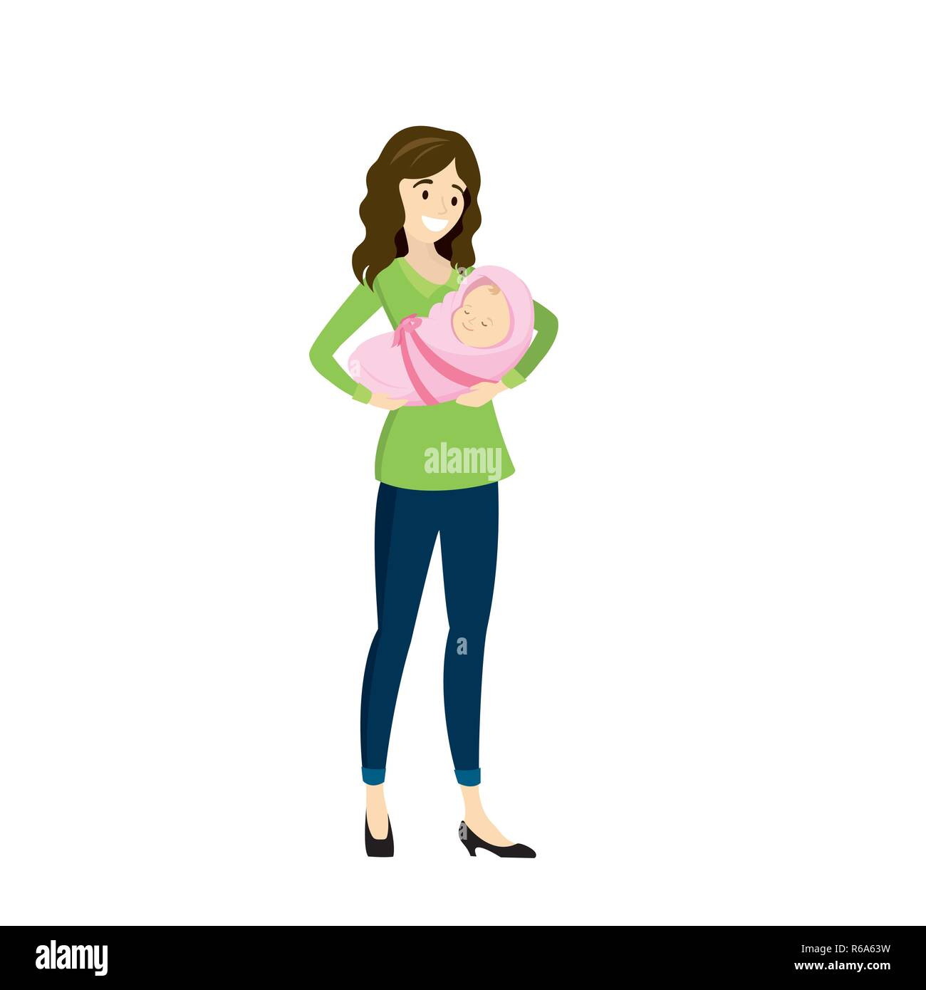 Cartoon young mother with newborn baby,isolated on white background ...