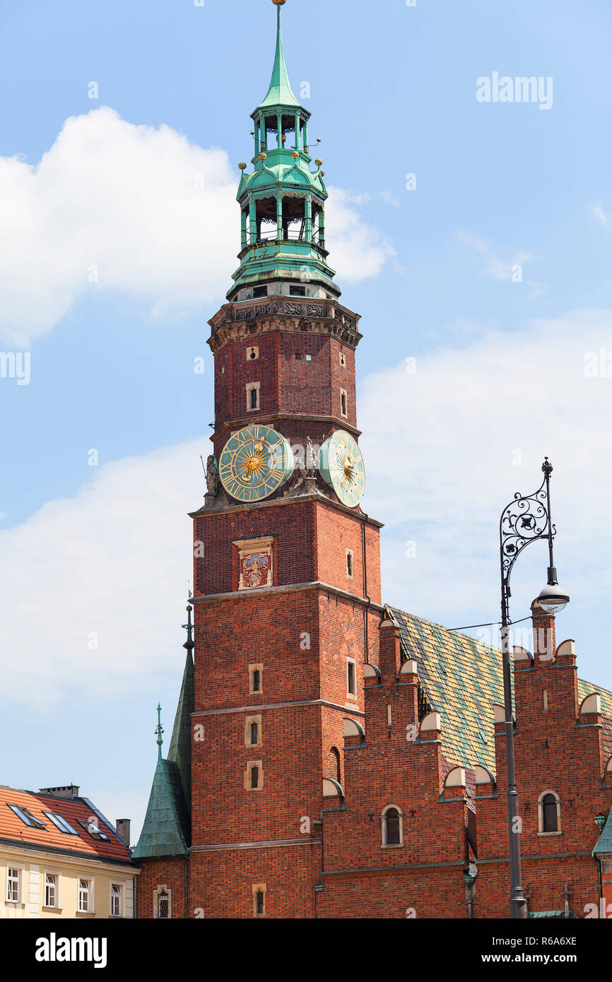 Gothic Wroclaw Old Town Hall on market square, clock tower, Wroclaw ...