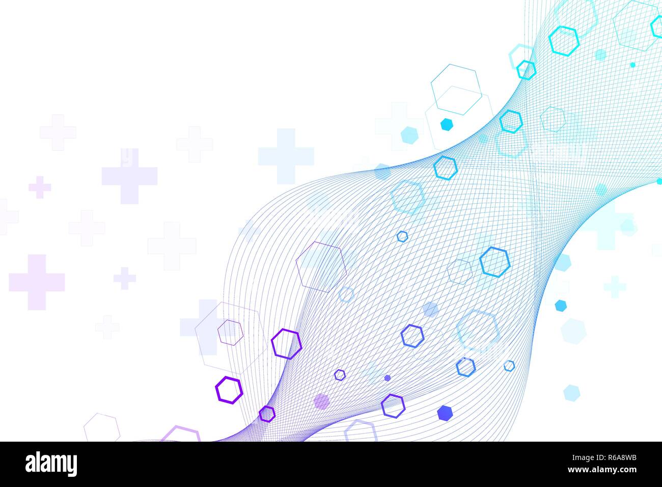 Abstract hexagonal background with waves. Hexagonal molecular structures. Futuristic technology ...