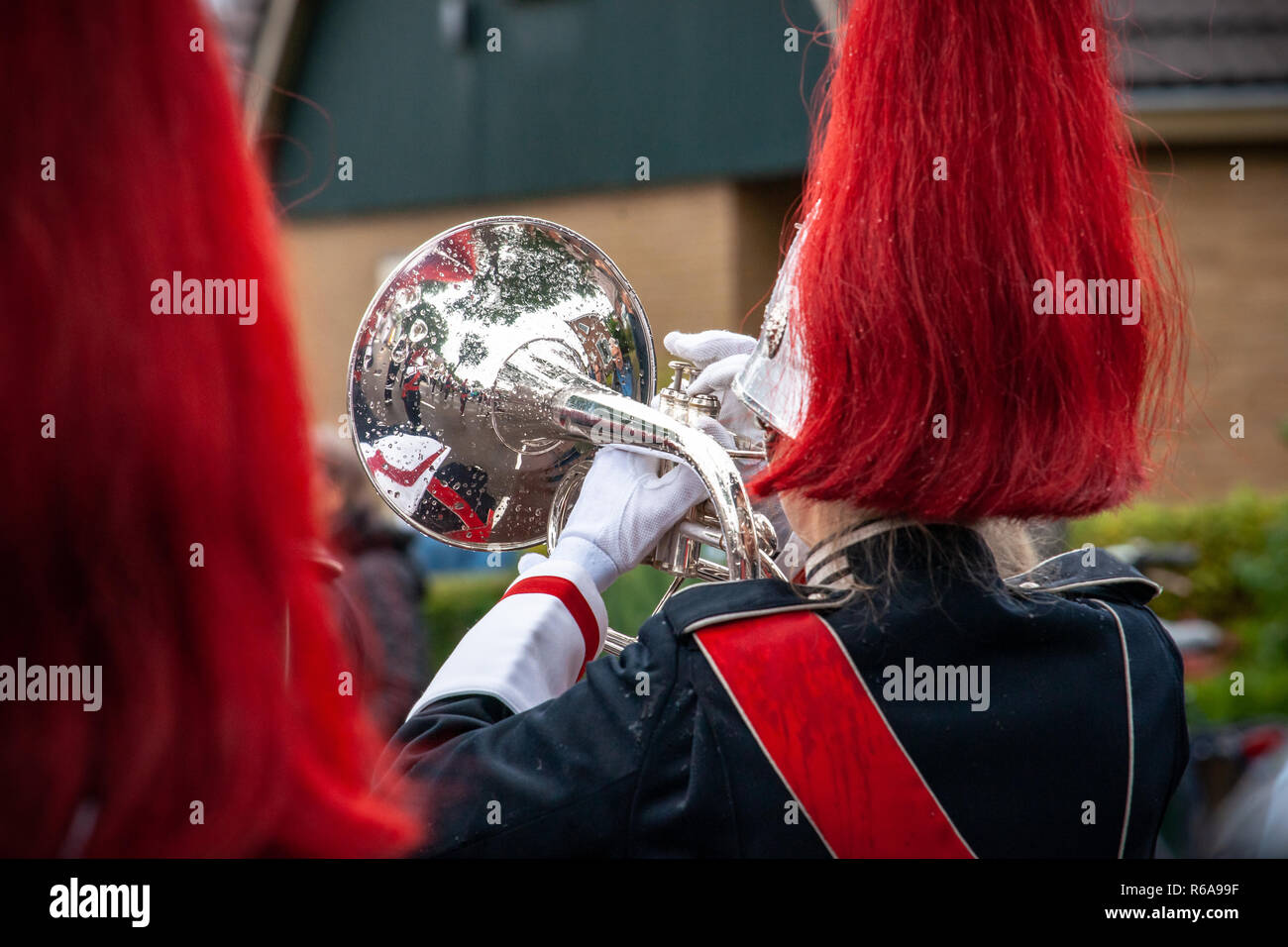 Various details of a performing wind band during a performance or ...