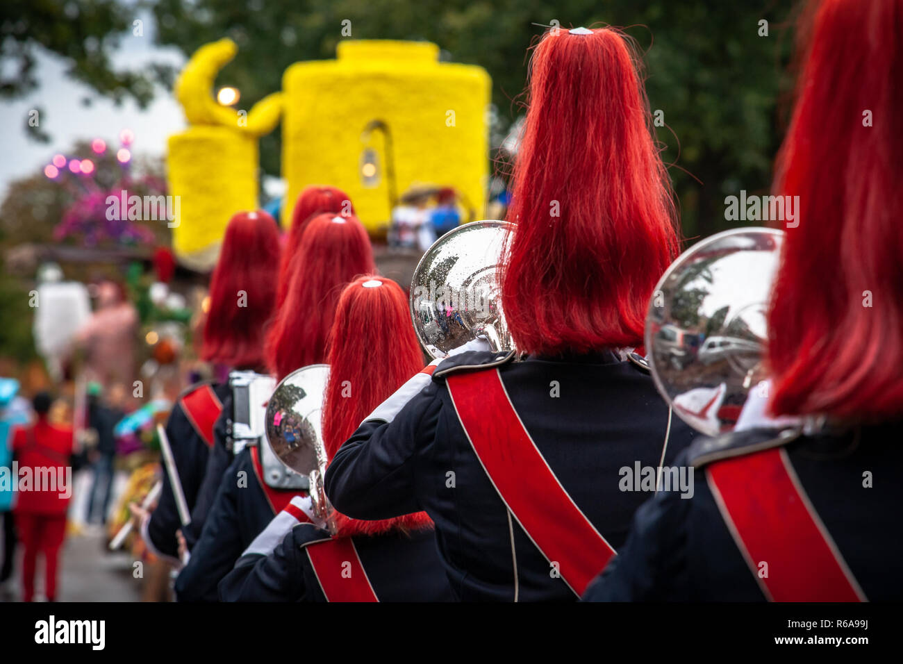 Various details of a performing wind band during a performance or ...