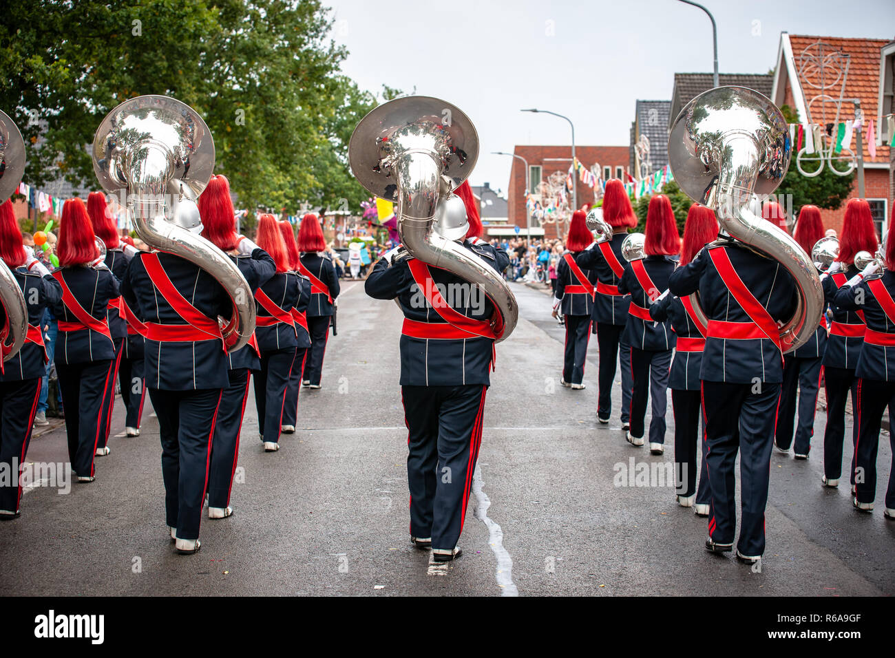 Various details of a performing wind band during a performance or ...