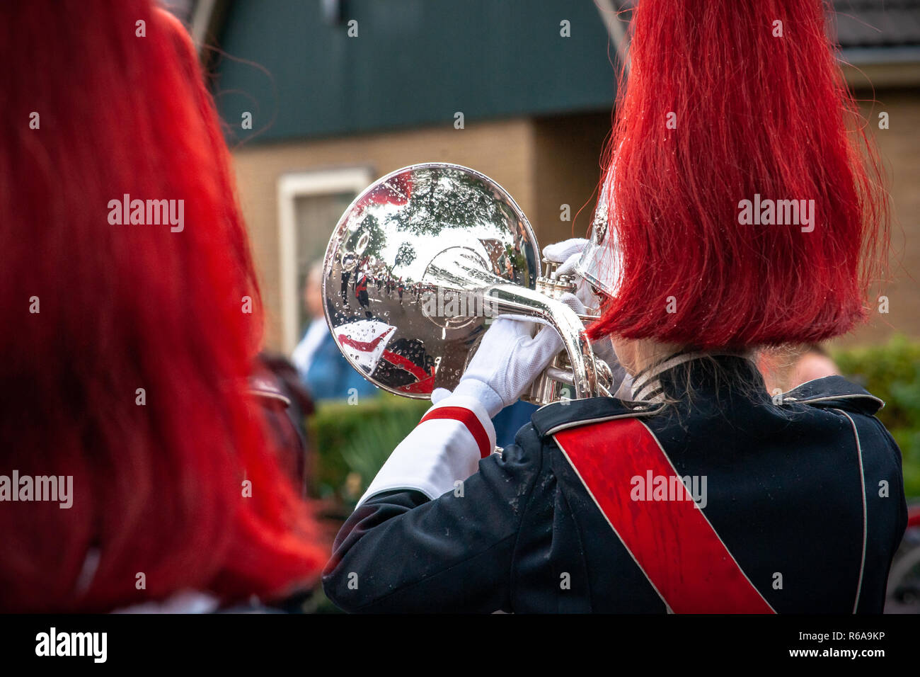 Various details of a performing wind band during a performance or ...