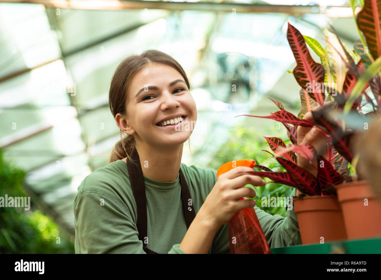 Image of caucasian girl gardener standing over plants in greenhouse and watering flowers with ...