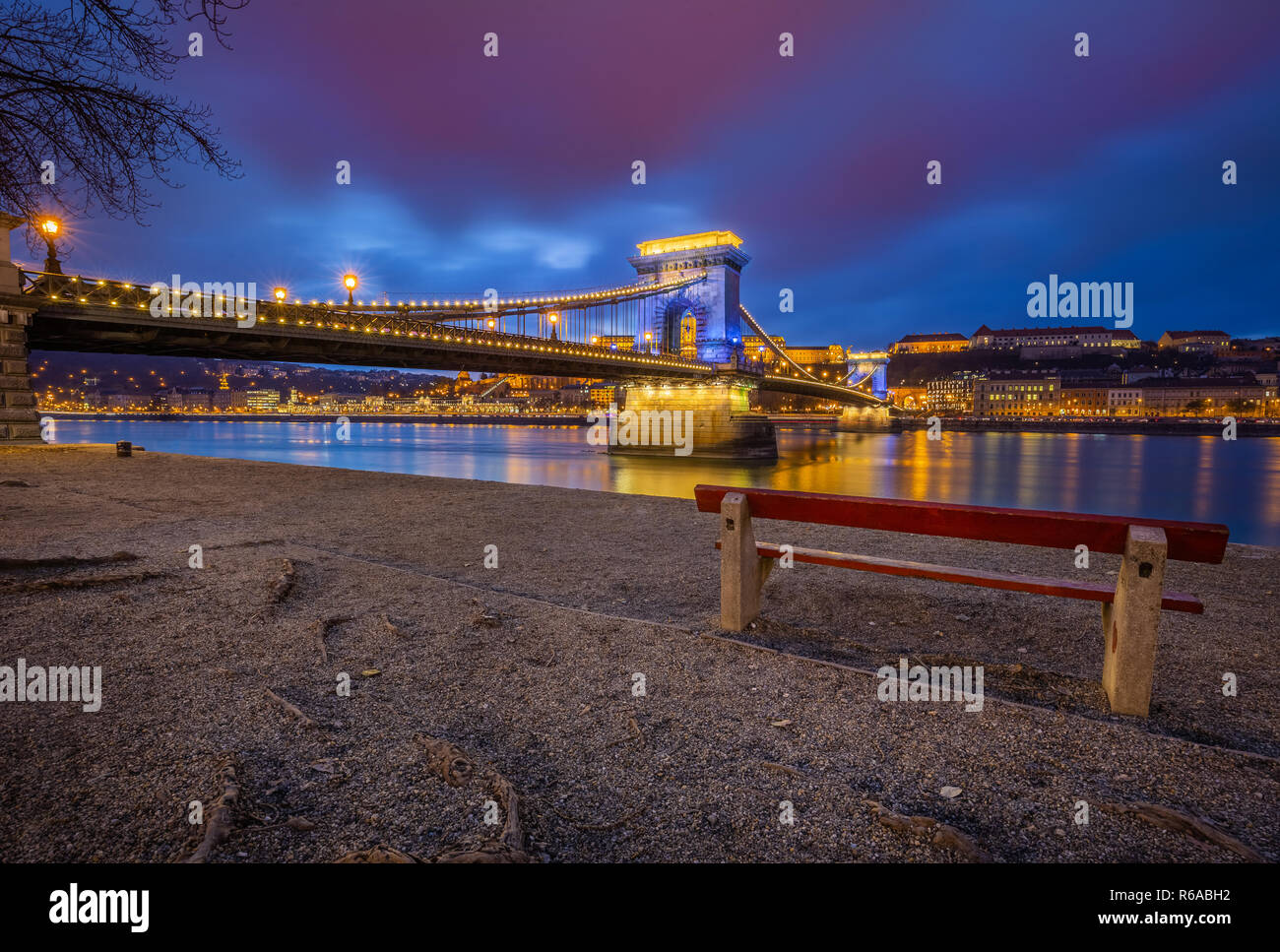 Budapest, Hungary - Bench at the beautiful Szechenyi Chain Bridge in ...