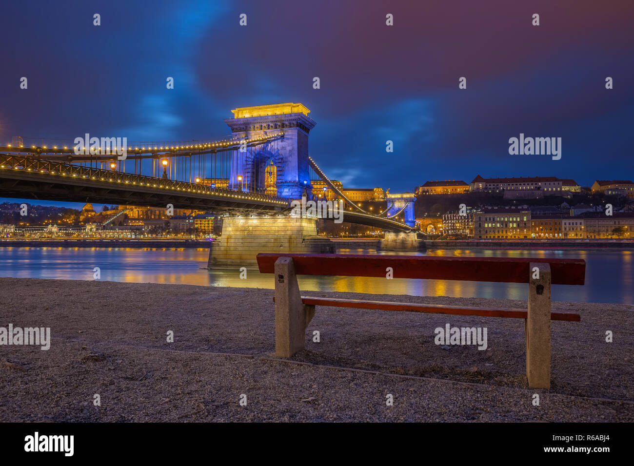 Budapest, Hungary - Bench at the beautiful Szechenyi Chain Bridge in ...