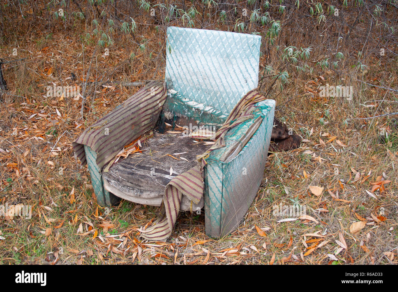 Old discarded and tattered armchair in the grass Stock Photo - Alamy