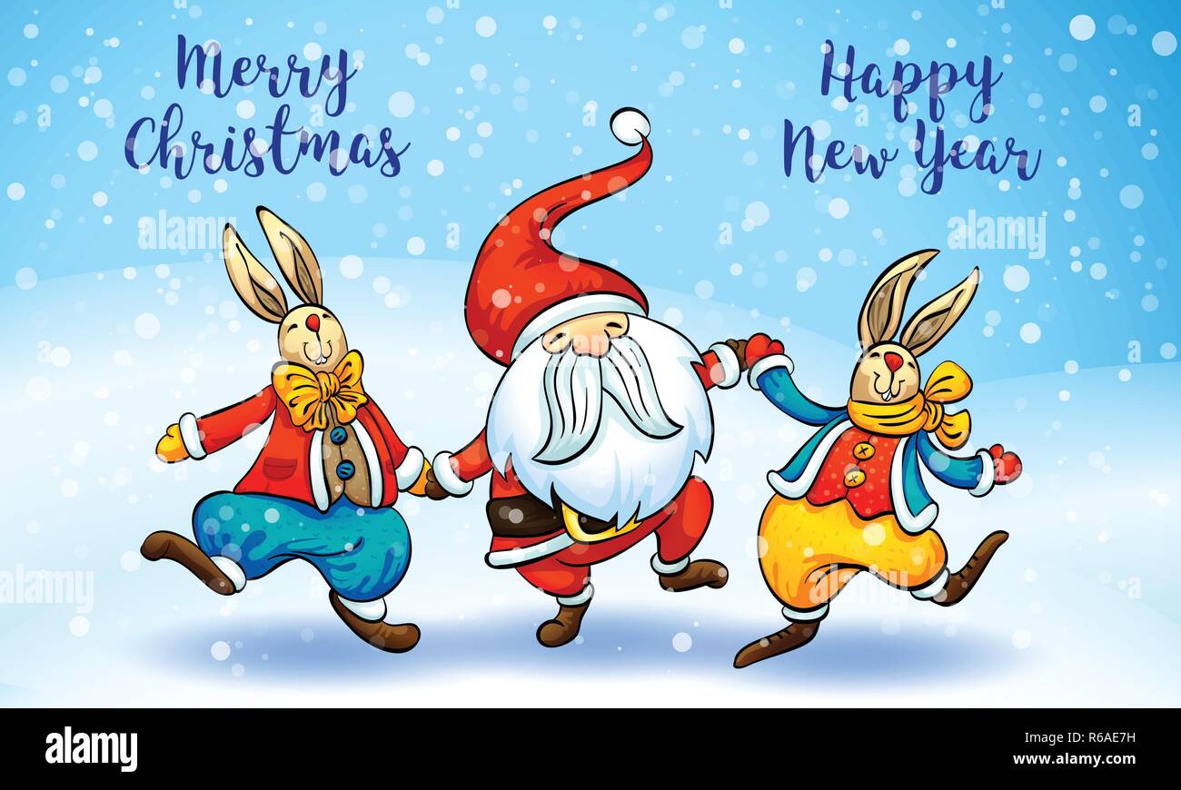 Merry Christmas santa rabbit concept banner. Cartoon illustration of ...