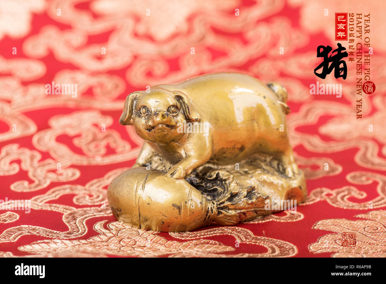 Gold piggy bank,Chinese calligraphy translation: pig.Red stamps ...
