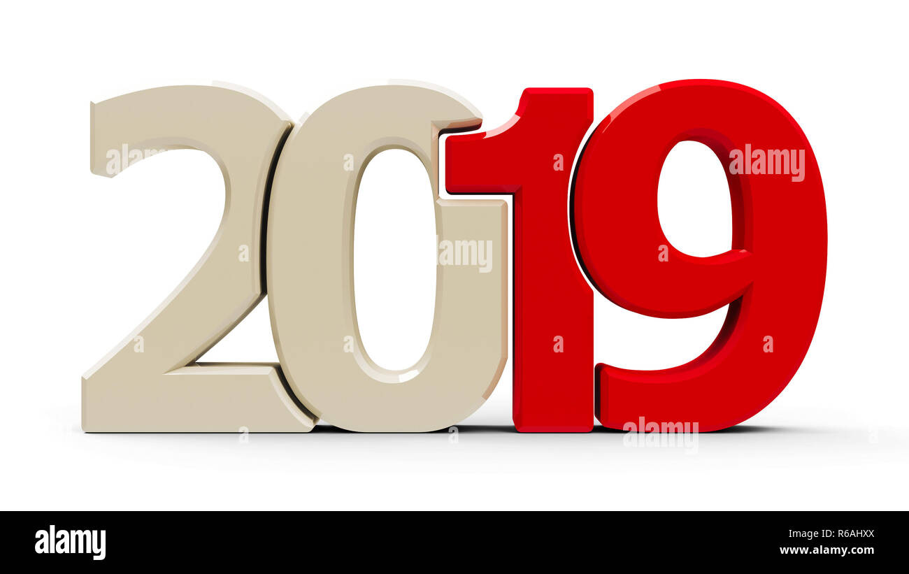 Red 2019 symbol, icon or button isolated on white background ...
